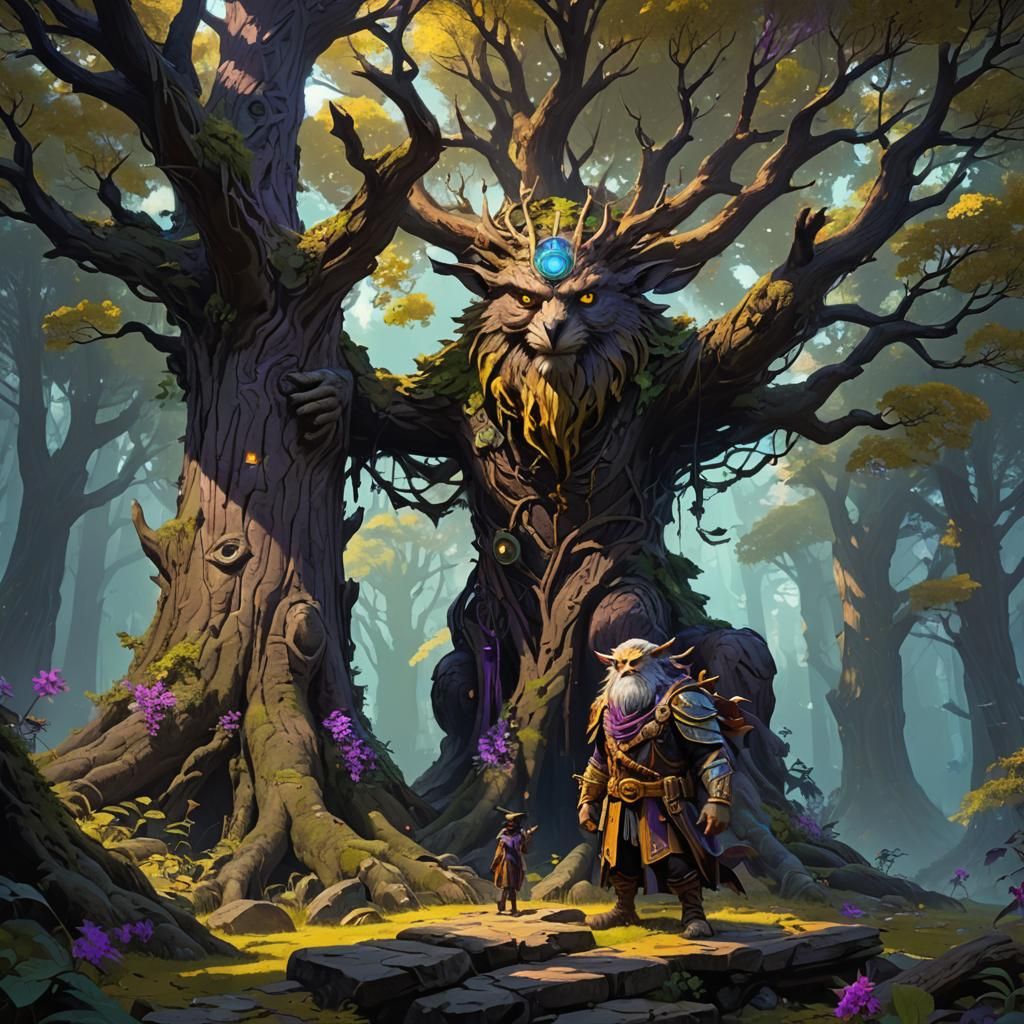 adventuring owlin druid and his best friend, the towering tree-spirit - AI Generated Artwork ...