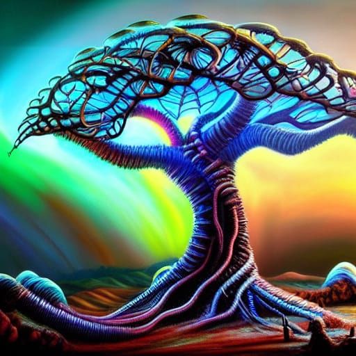 Airbrush art. A biomechanical tree grows in a polluted wasteland. The ...