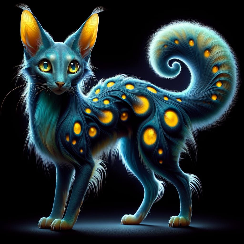 a graceful alien cat with enormous amber eyes and cyan fur with yellow ...