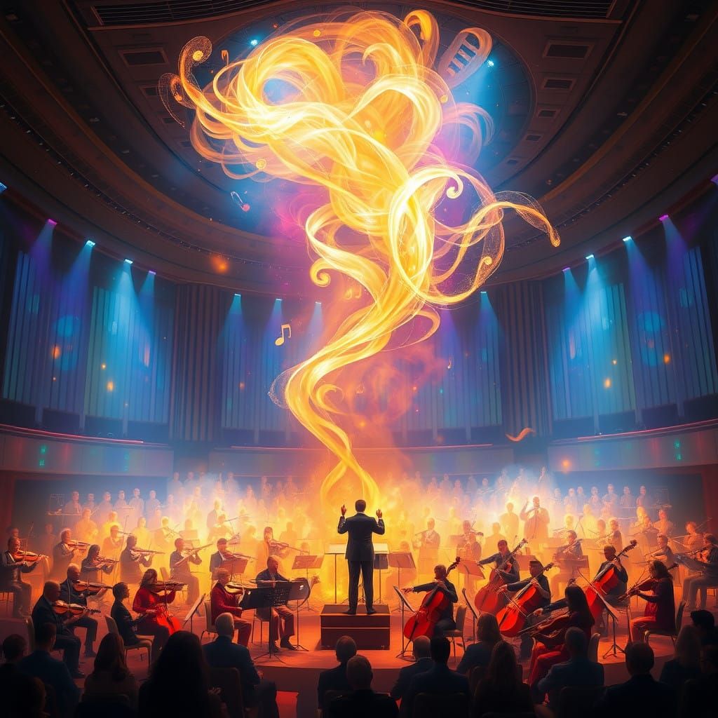 "Depict the magic of music made visible in a grand concert hall where a ...