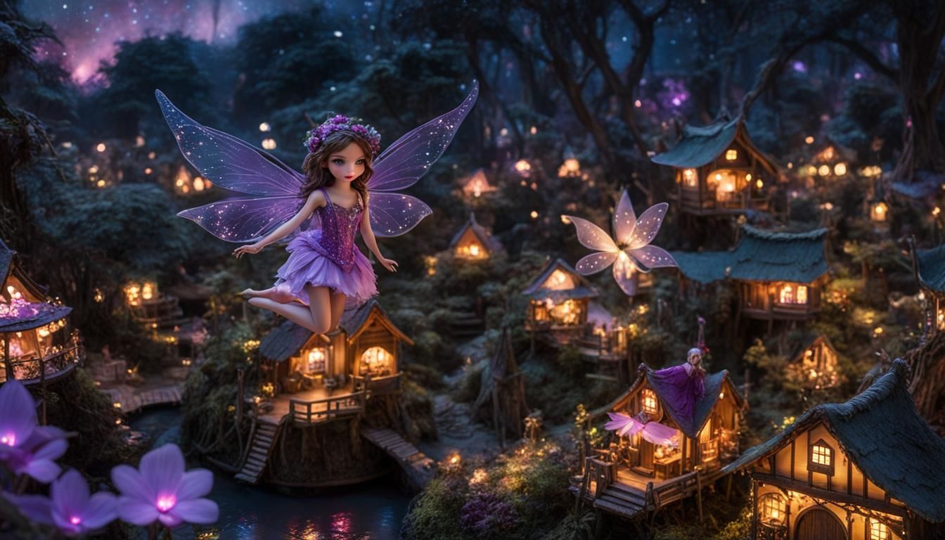 (iridescent winged fairies flying around firefly fairy village by Jean ...