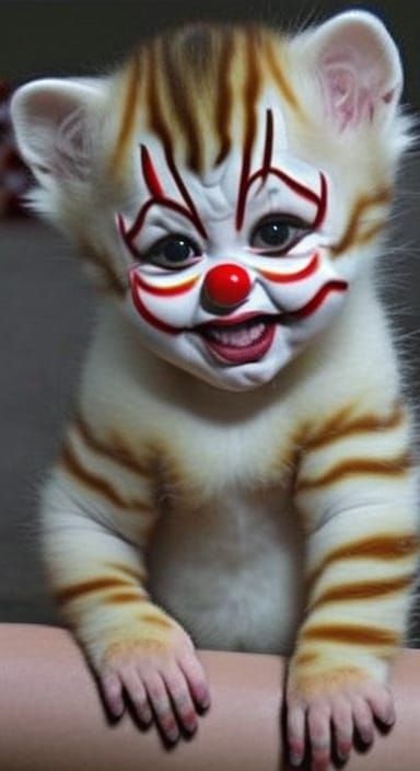 a real demented excited baby Asian Clown kitten swol muscular buff body ...