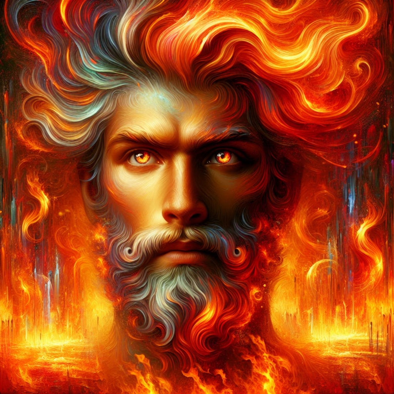 Portrait of Hephaestus the ancient Greek god of fire, eyes with that ...