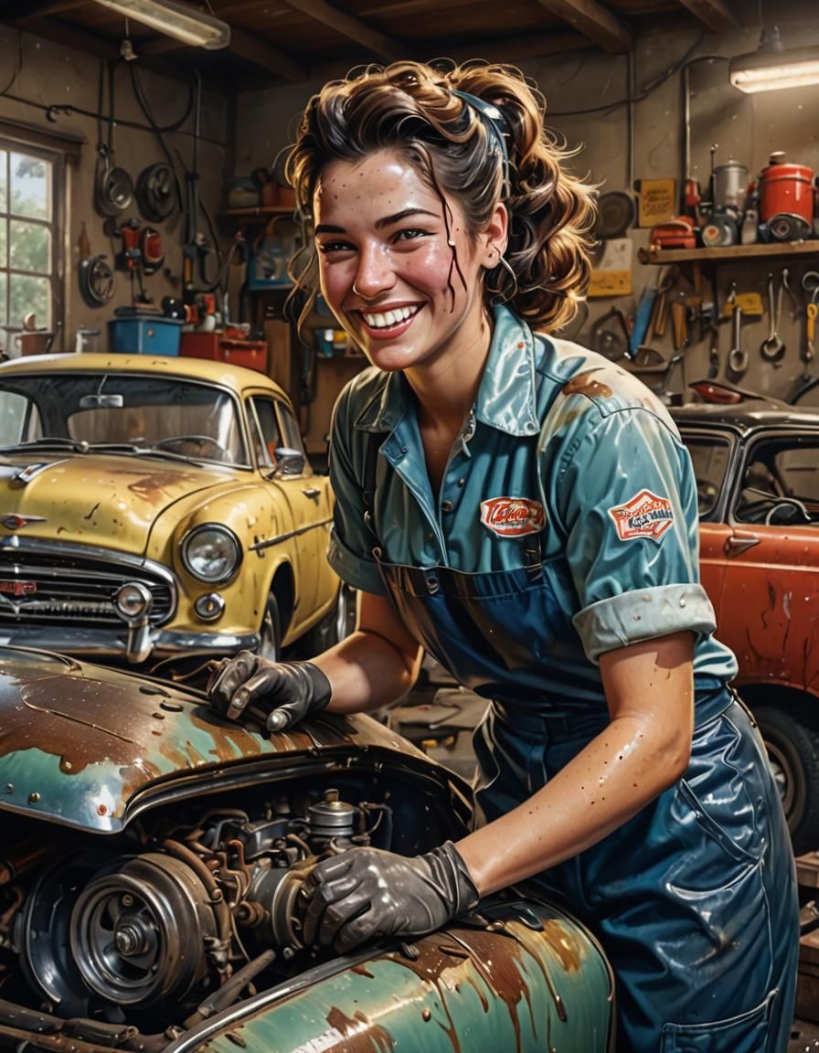 A Smiling Female Mechanic in a Cluttered Garage - AI Art
