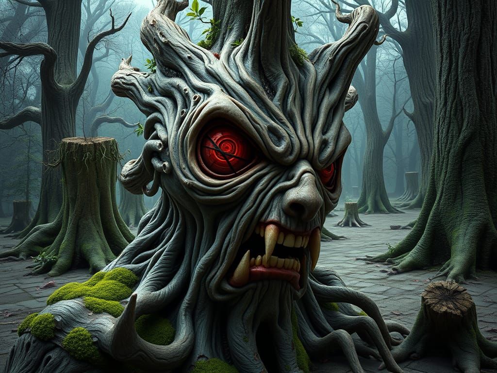 Gnarled Tree Face in Eerie Woodpunk Landscape - AI Art