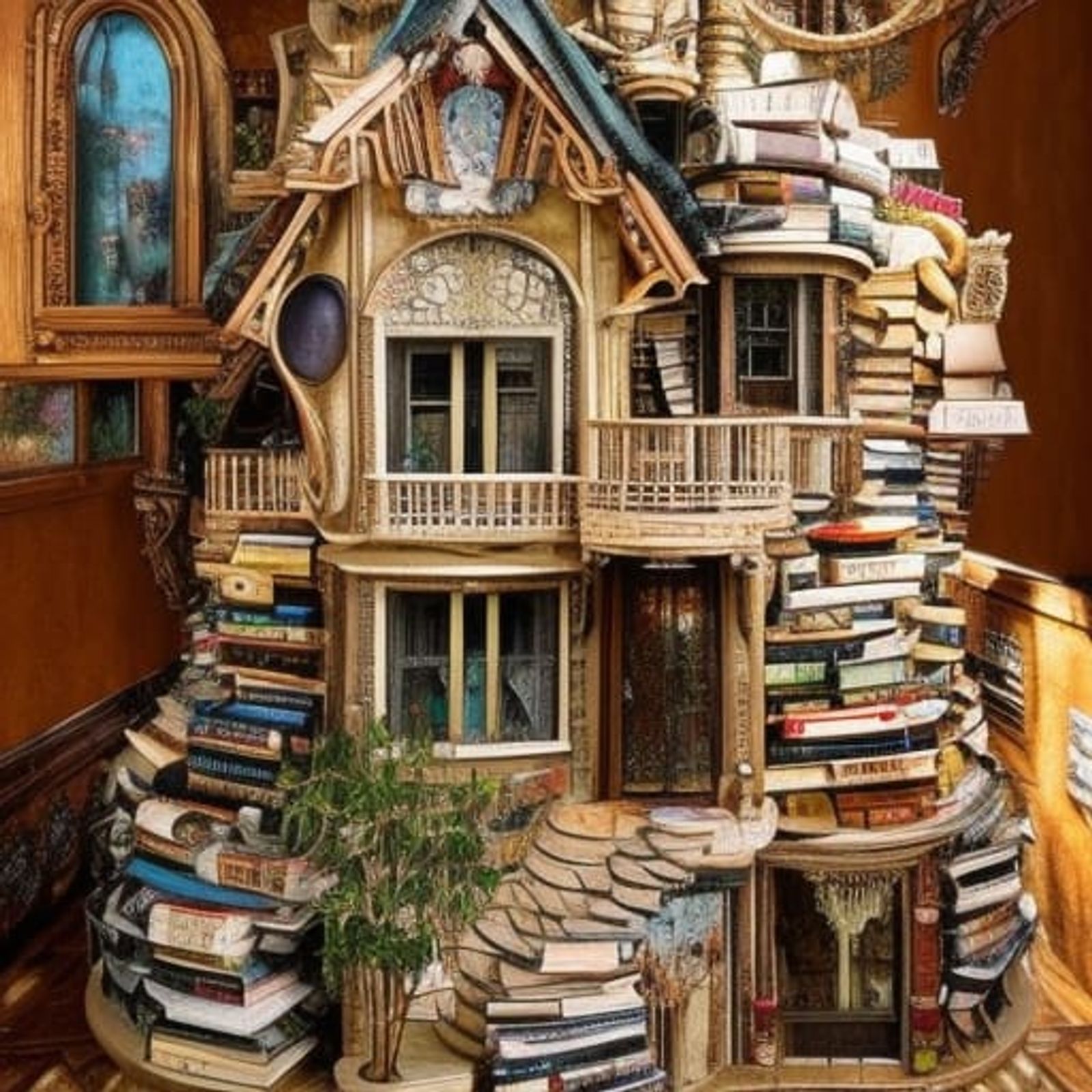 House made of books, whimsical fantasy steampunk, detailed maximalist ...