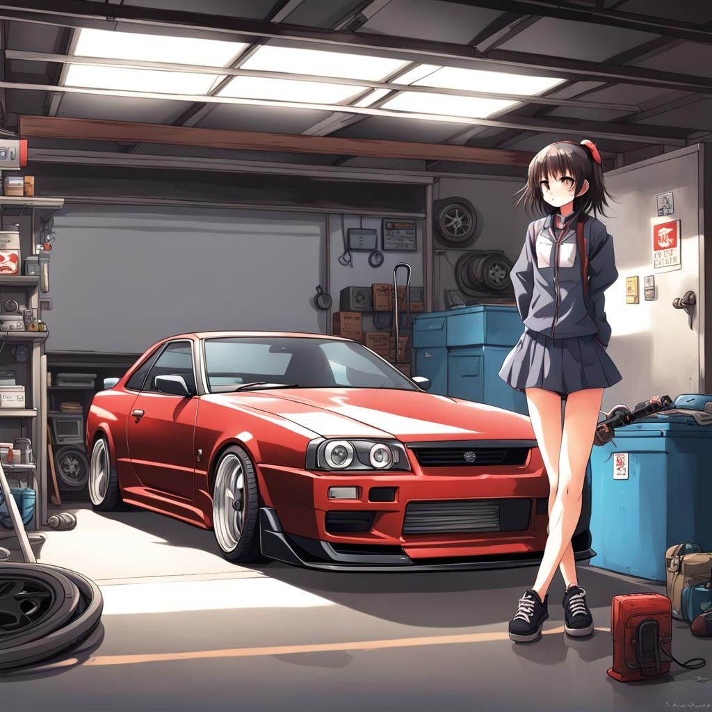 anime girl with Nissan Skyline and in a garage - AI Generated Artwork ...