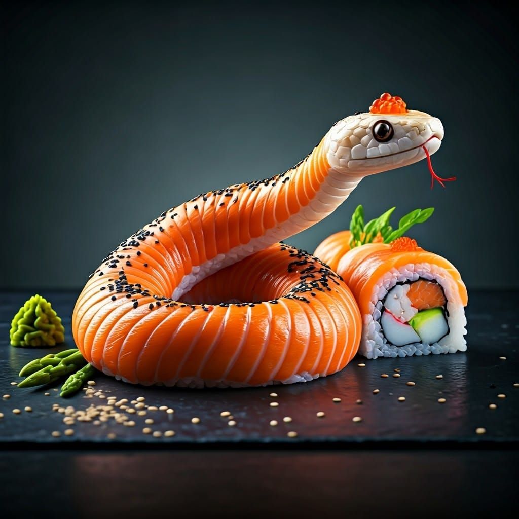 A sushi sculpture of a cute adorable coiled snake made entirely from ...