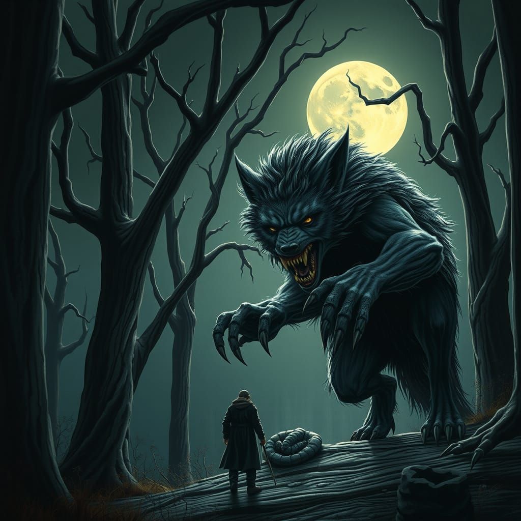 Dark Fantasy Werewolf Illuminated by Full Moon in ... - AI Art