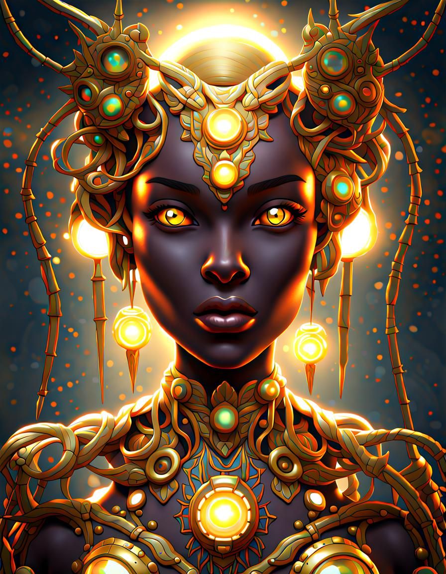 An effulgent-FEY Her eyes emit a golden light biopunk cell-shaded ...