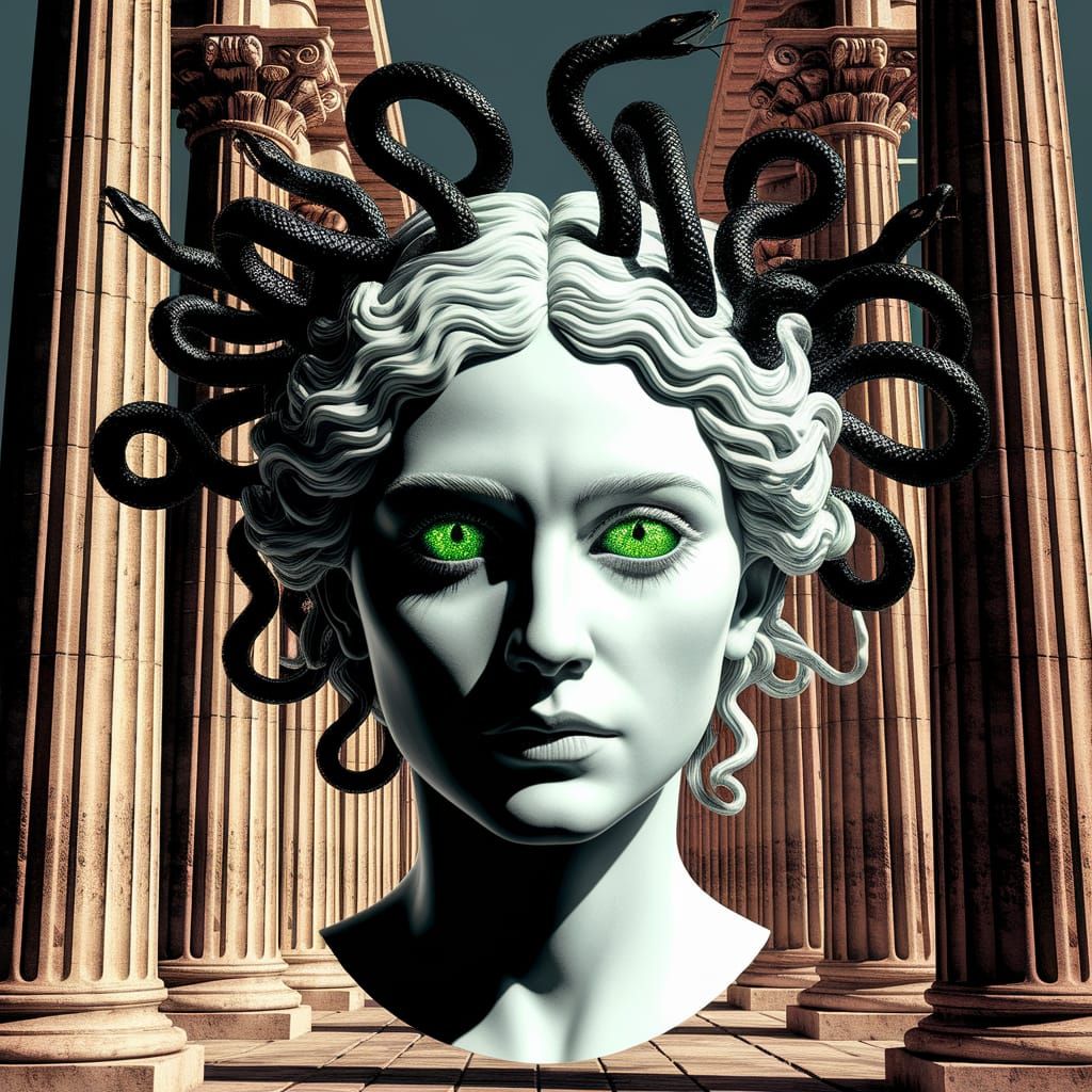 Medusa's Enchanted Portrait in Vibrant Greek Cathe... - AI Art