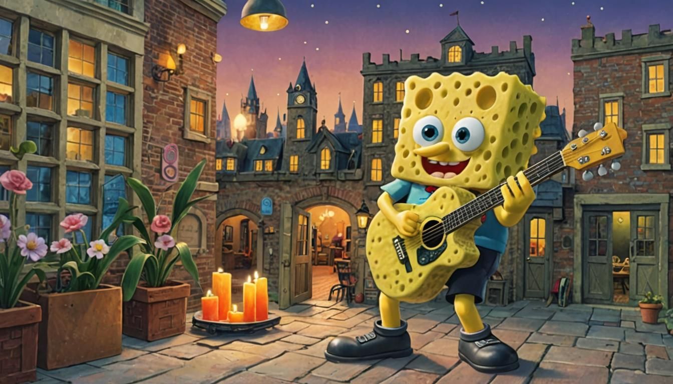A sponge which has arms and legs like a human which is playing music ...