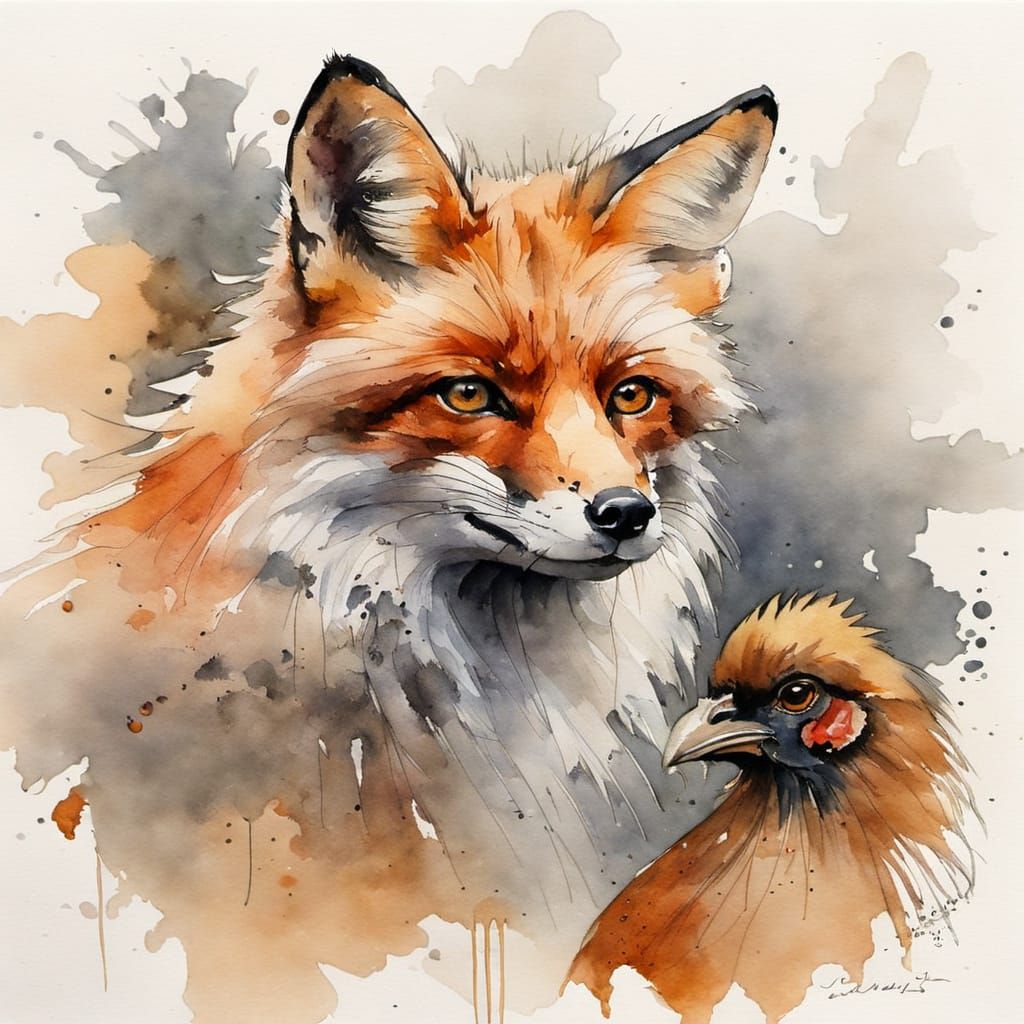 Dean Crouser Watercolor Fox Portrait, on misty Farm with chickens ...