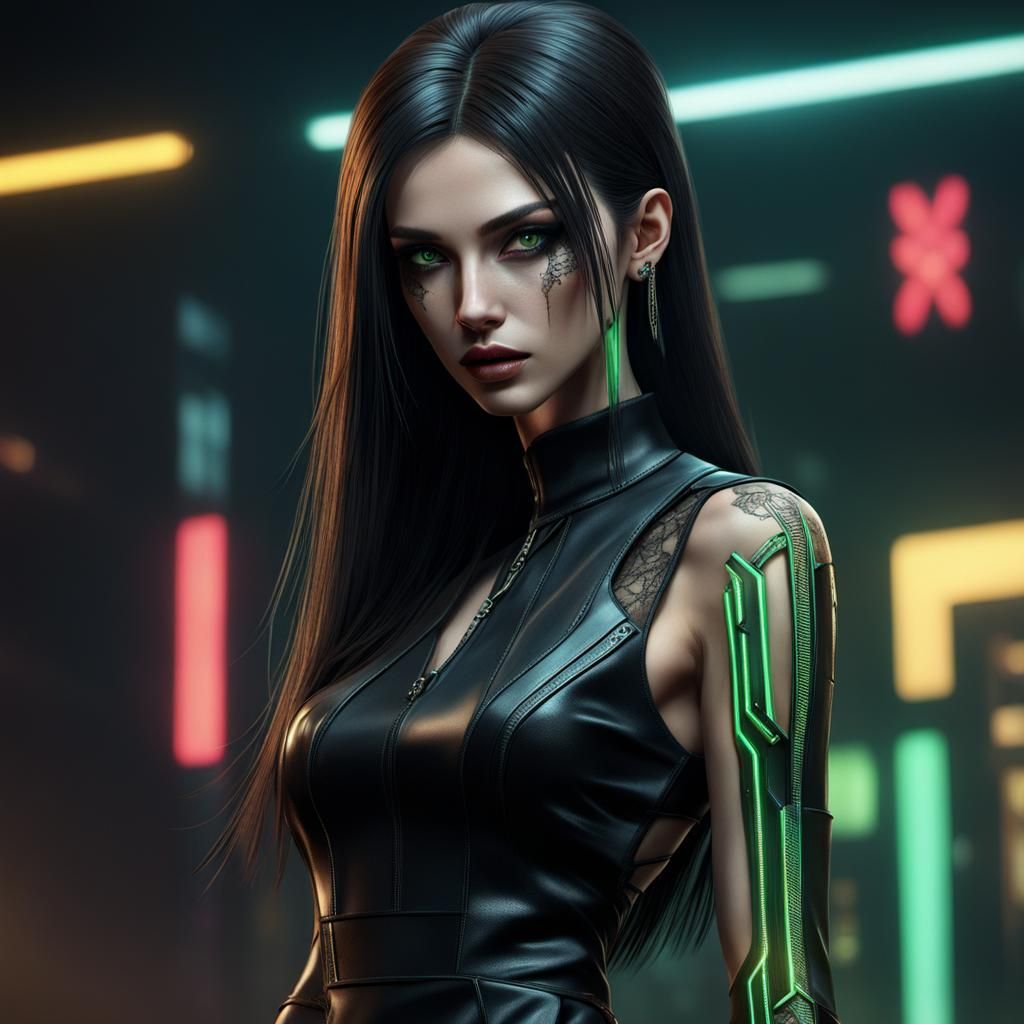 young girl, European, tall, thin, black long hair, daring, sharp facial ...