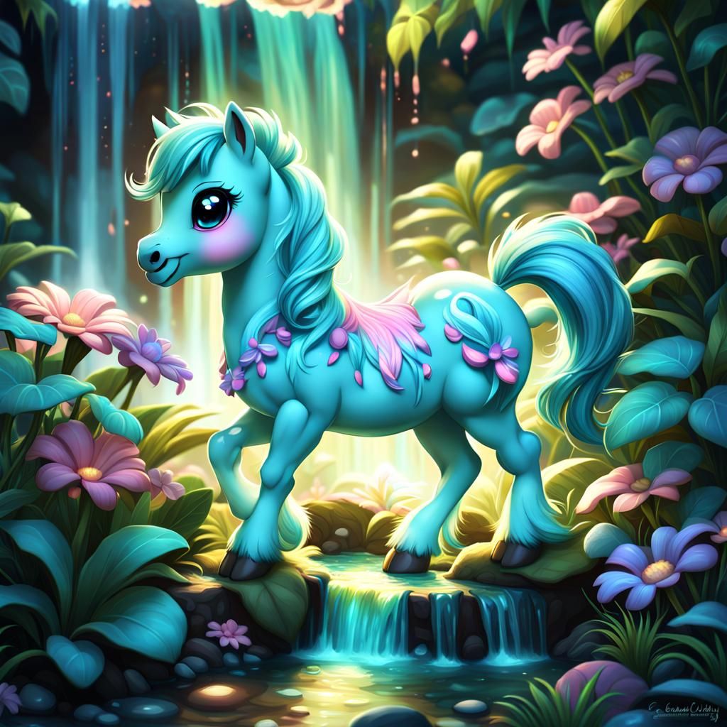 adorable cute chibi baby furry pony with a bioluminescent Waterfall in ...