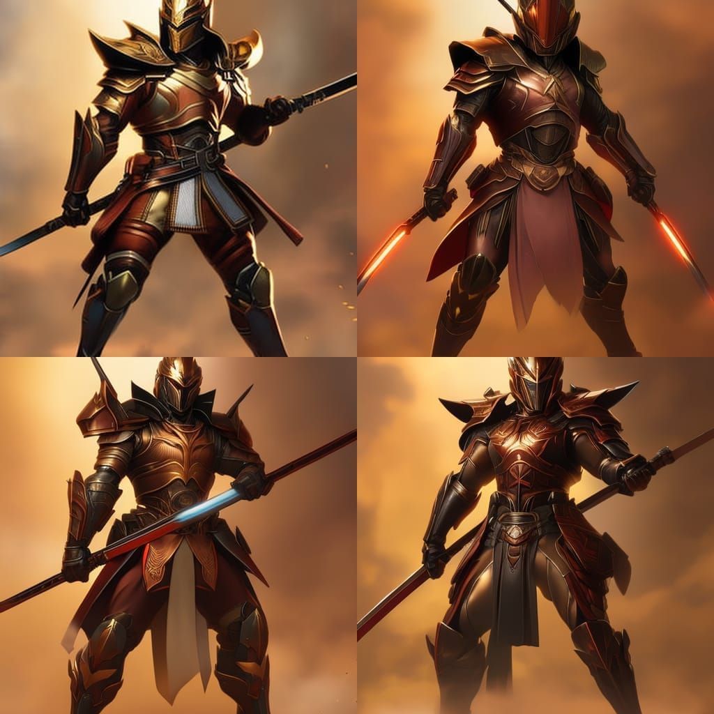 Samurai, brown and golden cybernetic mecha armor, asian, holding a ...