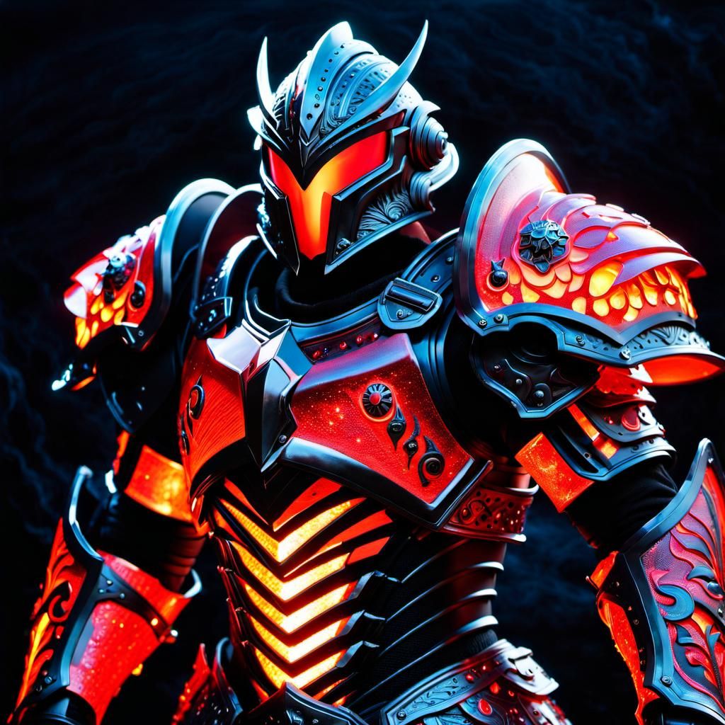 Armor filled with bioluminescent red light, lava and fire, luminous ...