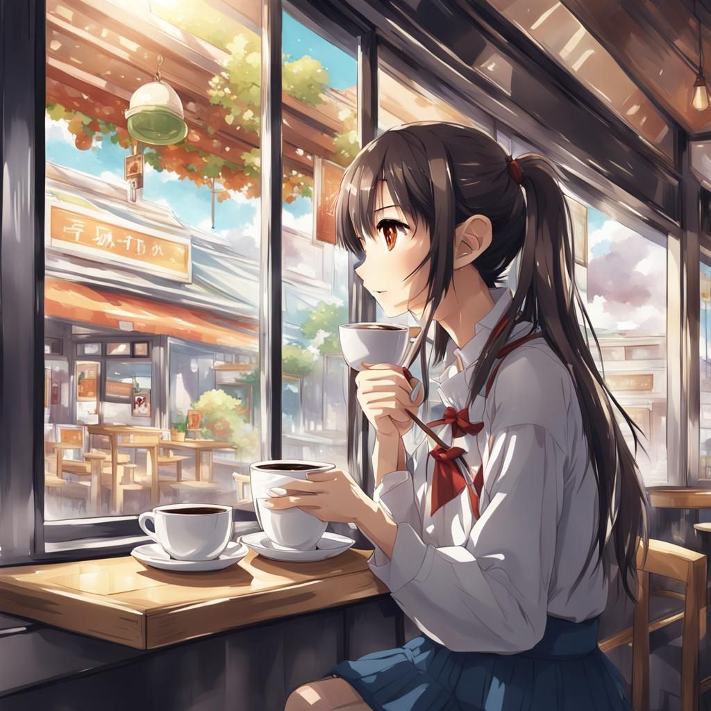 A anime girl drinking Coffee at the restaurant while looking out the ...