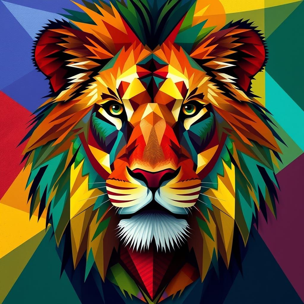 retrato leon - Dynamic Cubist Portrait of a Lion in Opulent...