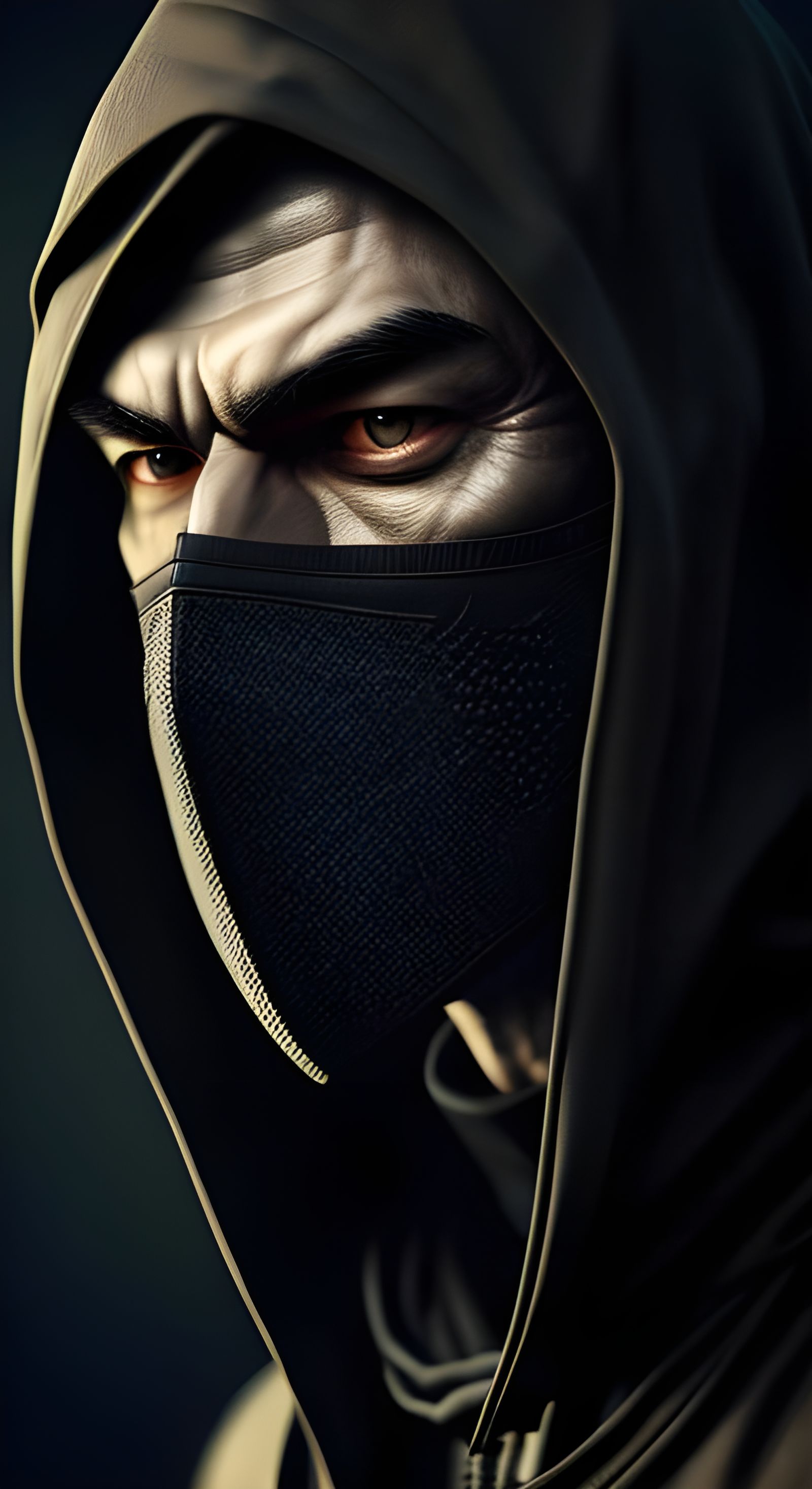 Slim man with soulless eyes, wearing cloth hood and mask covering mouth ...