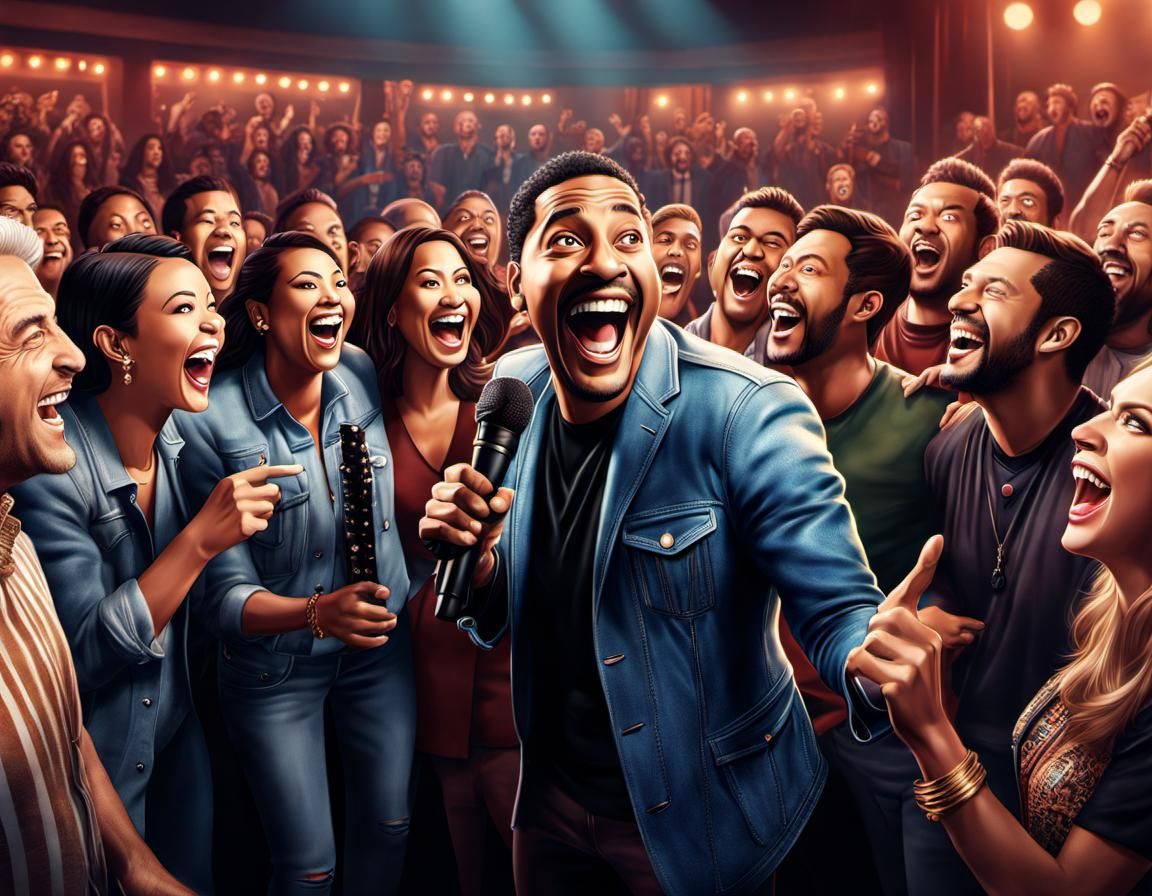 crowd laughing wildly at a stand up comedian - AI Generated Artwork ...