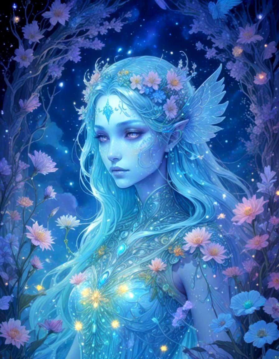 Ethereal Demon Surrounded by Bioluminescent Flower... - AI Art