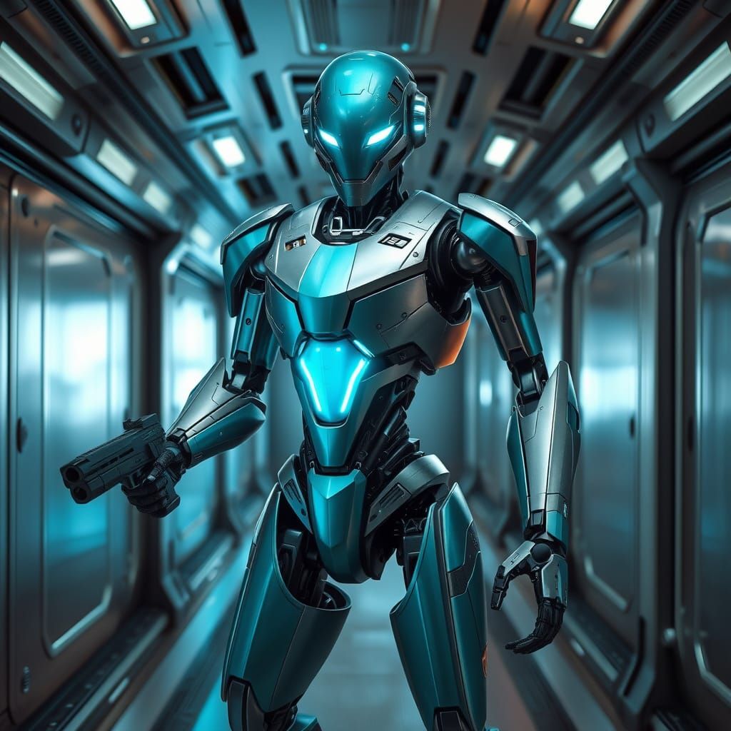 Cybernetic Assassin Droid in High-Tech Corridor - AI Art