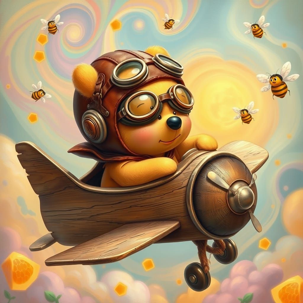 Baby Pooh's Psychedelic Flight in Vintage Biplane - AI Art