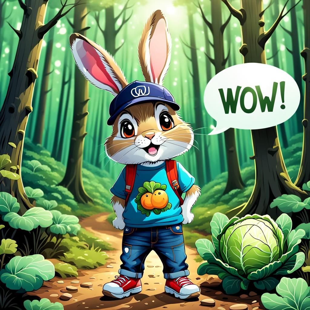 cheerful cartoon chibi hare in a cap, T-shirt and jeans in the forest ...