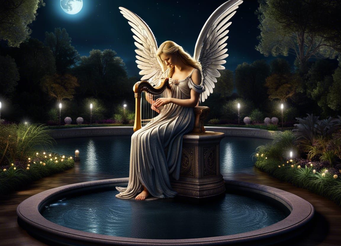 The beautiful & gentle angel playing harp at the garden that have water ...