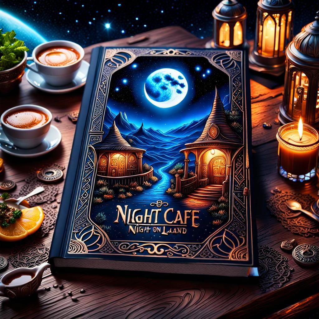 Fantasy Book cover of Night Cafe Land on mockup intricate details ...