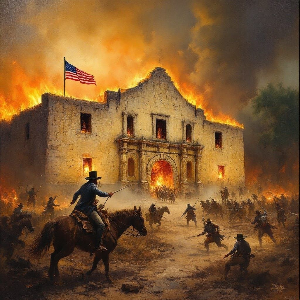 Heroic Defense of the Alamo in Dramatic Oil Painti... - AI Art