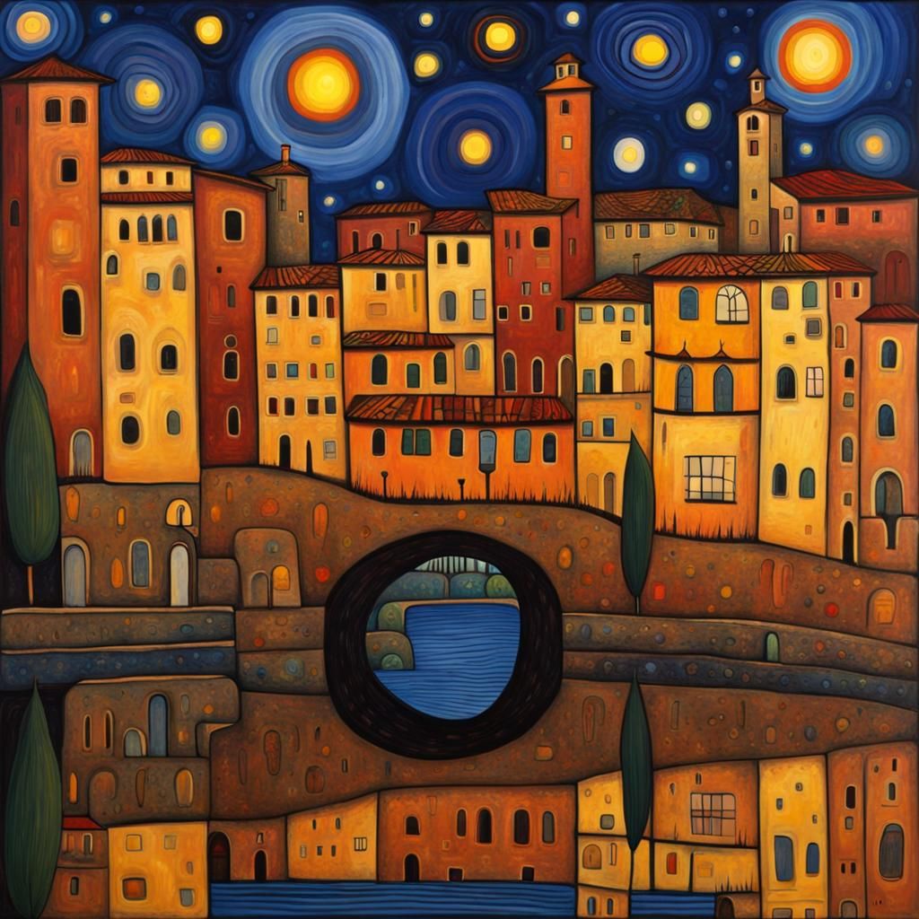 style Hundertwasser, starry night in Sienna Italy - AI Generated ...