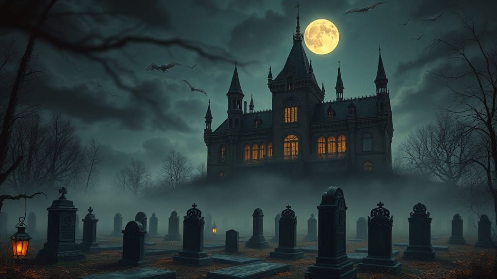 Ethereal Mansion Rises from Graveyard Shadows in D... - AI Art