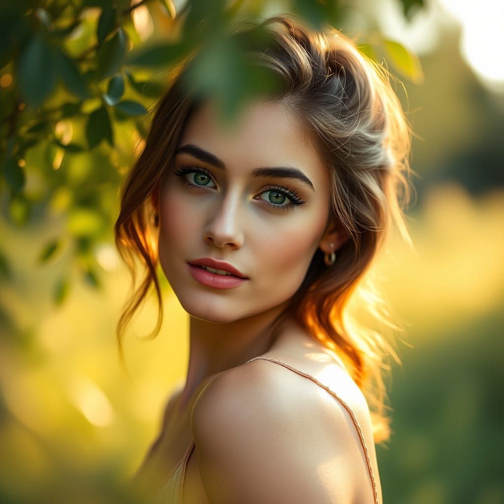 Those green eyes... - Confident Model Surrounded by Lush Gre...