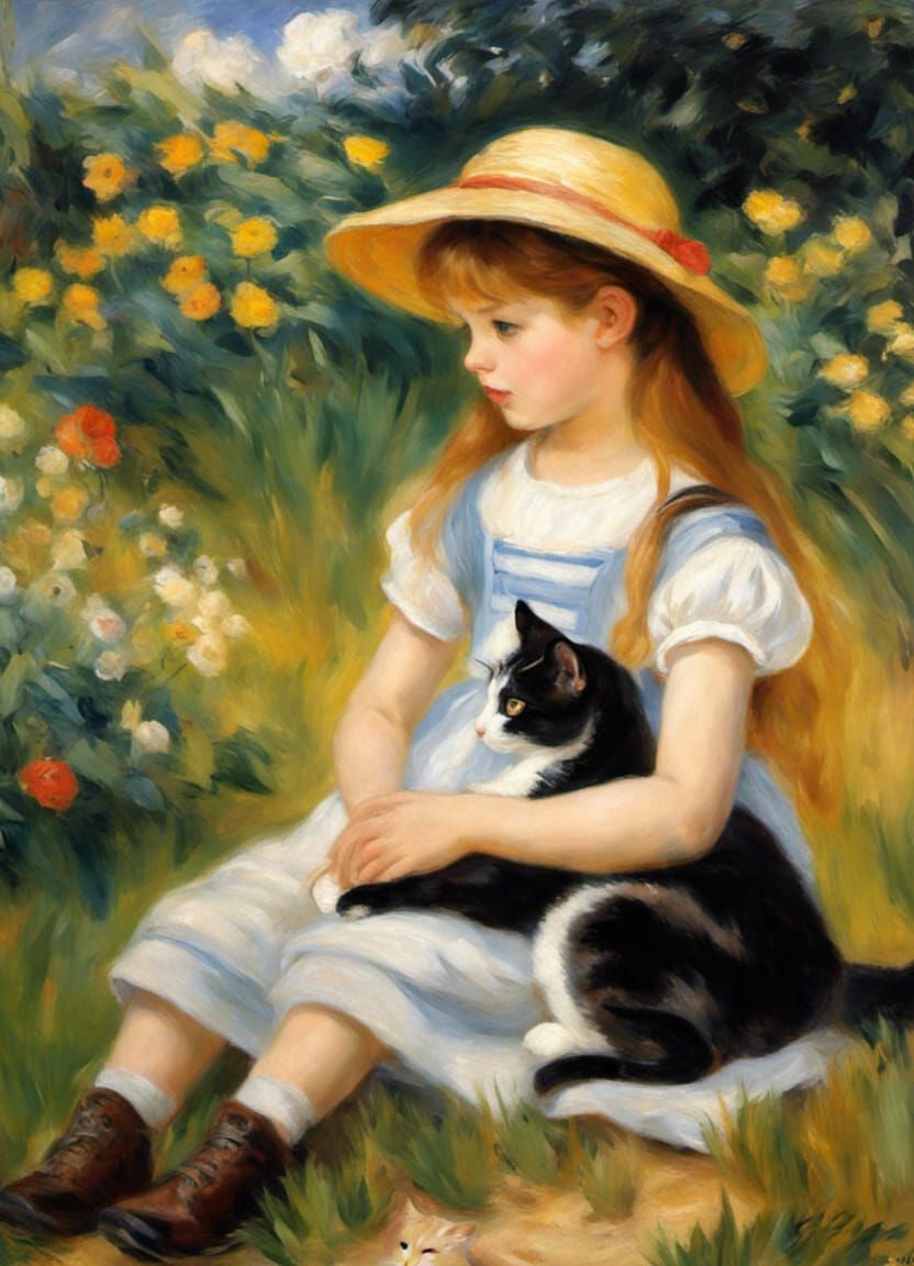 A Girl and Her Cat, by Renoir - AI Generated Artwork - NightCafe Creator