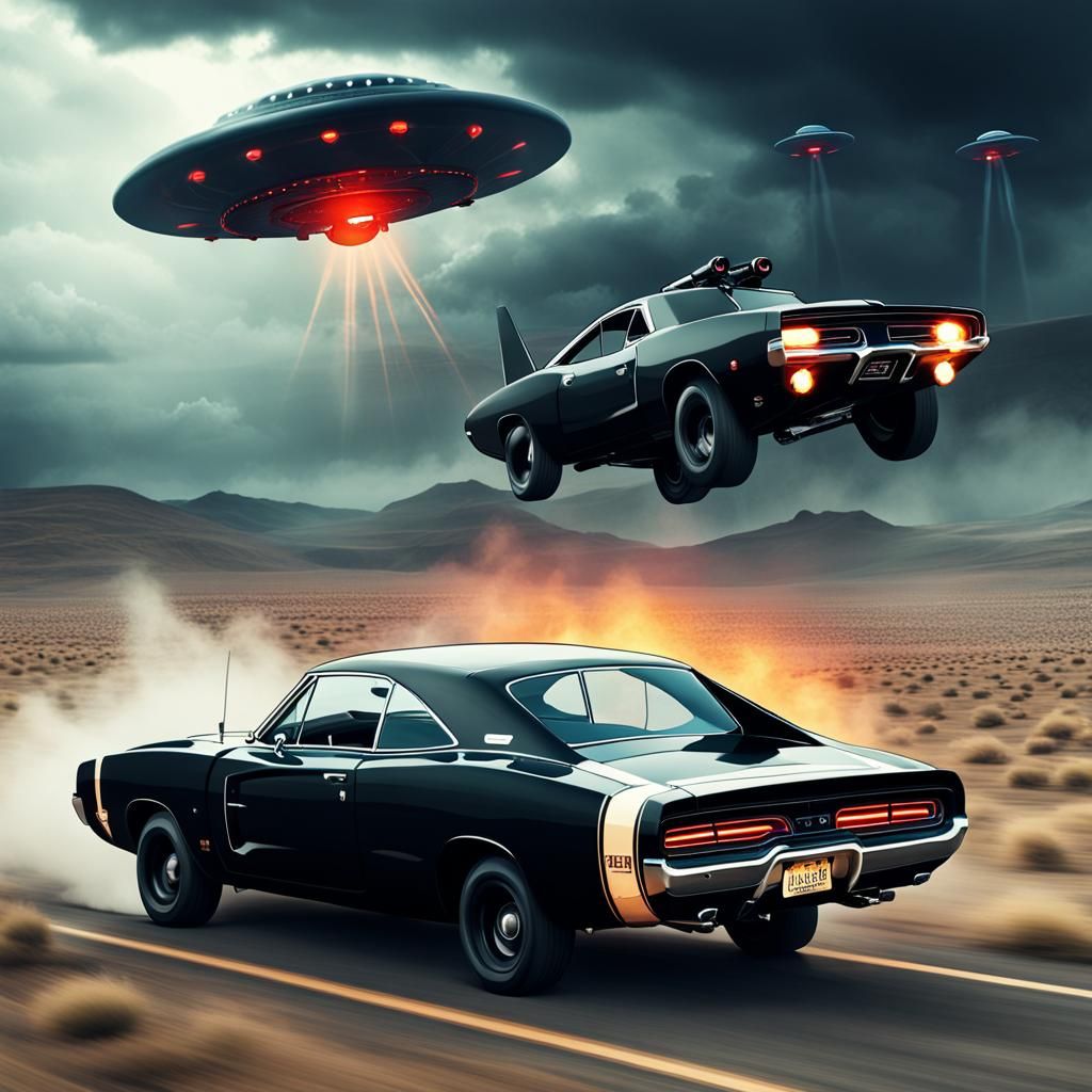 dark sinister fantasy dodge charger being chased by alien ufo - AI Generated Artwork - NightCafe ...