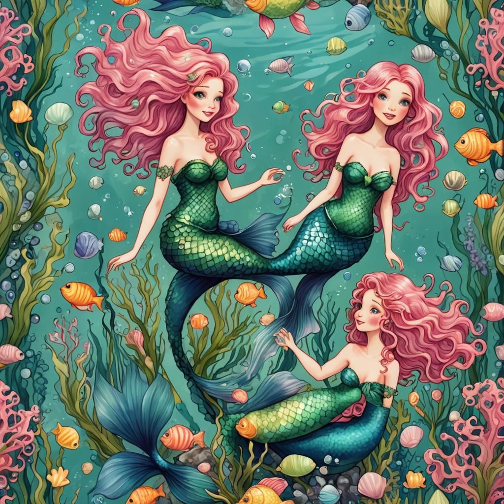 Colorful mermaids with pink curly hair, - AI Generated Artwork ...