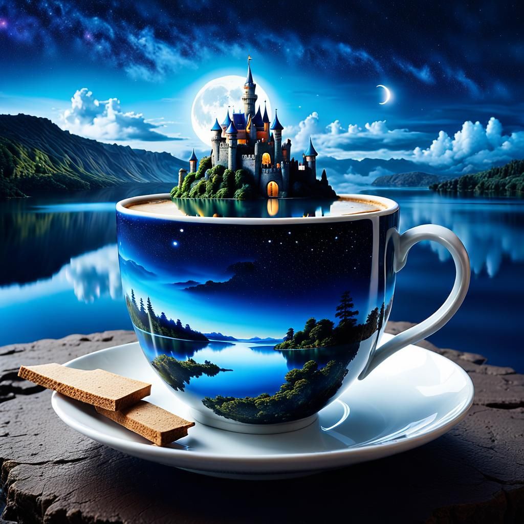 Magical Coffee Cup Castle Under A Moonlit Sky with A Lake - AI ...