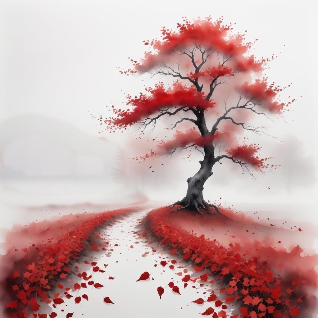Red tree - Minimalist White Landscape with a Single Red Tre...