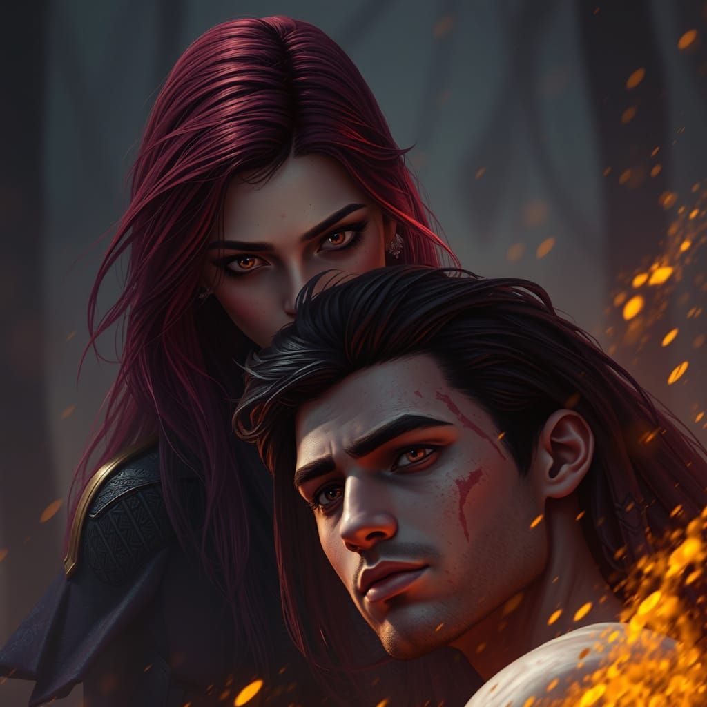 Red Headed Woman Watches Over Dark Fantasy Dhampir - AI Art