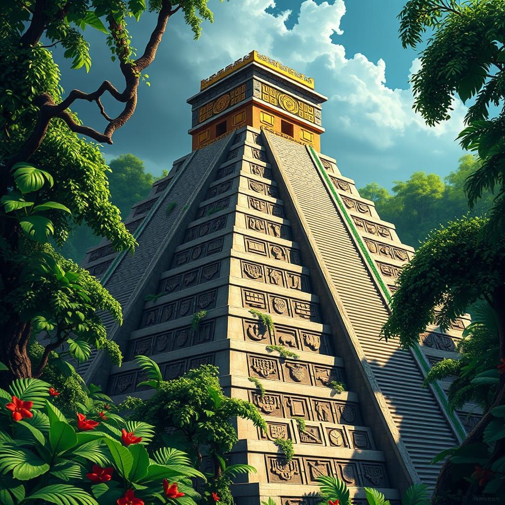 Ancient Aztec Pyramid Rises in Lush Jungle with In... - AI Art