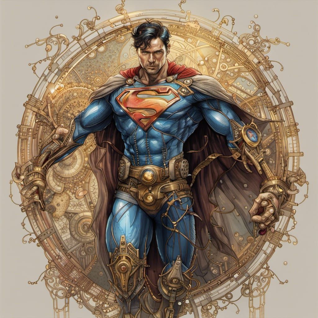 Steampunk Superman golden outlines, highly detailed, intricate motifs ...