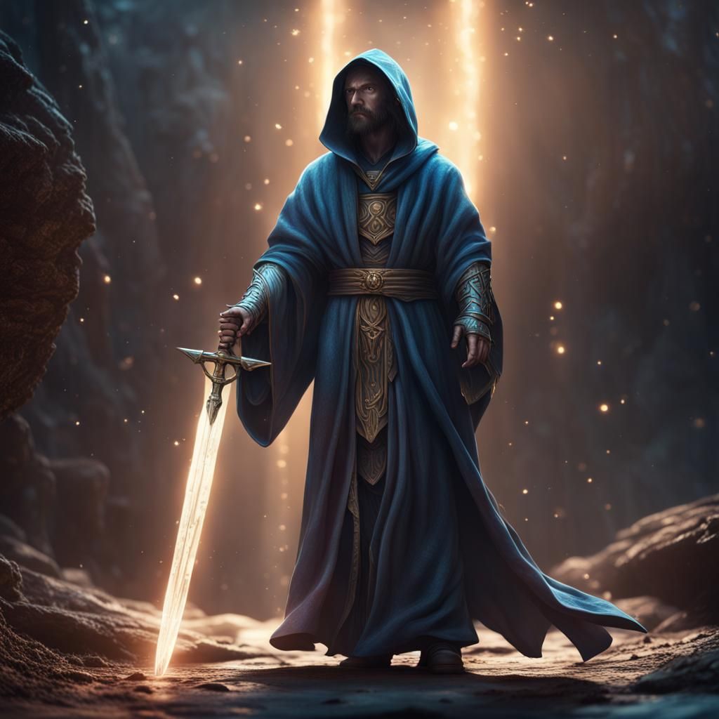 Robed figure holding a tiny star in one hand and a sword made of pure ...