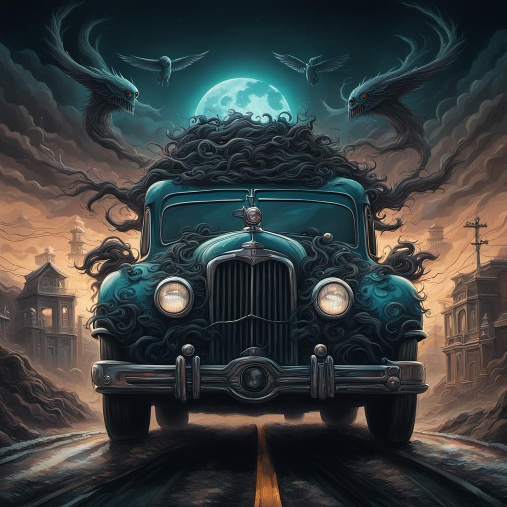 "Pop Surreal artwork of a car driving down a dark, haunted road with a ...