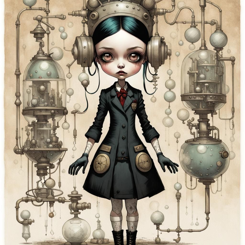 An eccentric science chibi girl in art brut style by Santiago Caruso ...