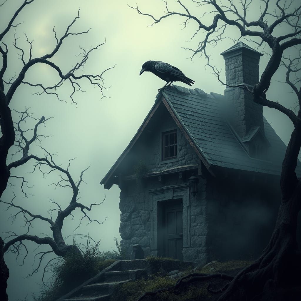 Gothic Raven Reigns Over Mysterious Abandoned Vill... - AI Art