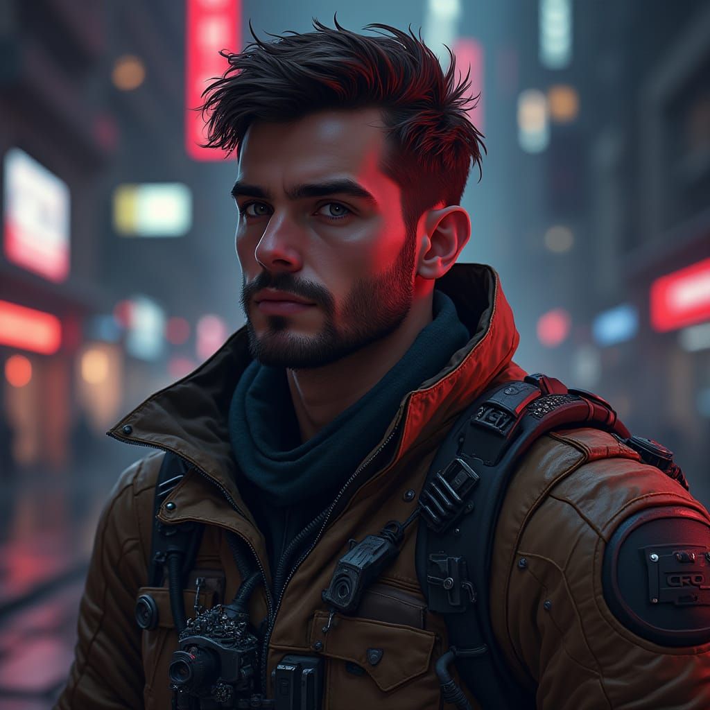 Handsome Mech Pilot in Cyberpunk Industrial Landsc... - AI Art