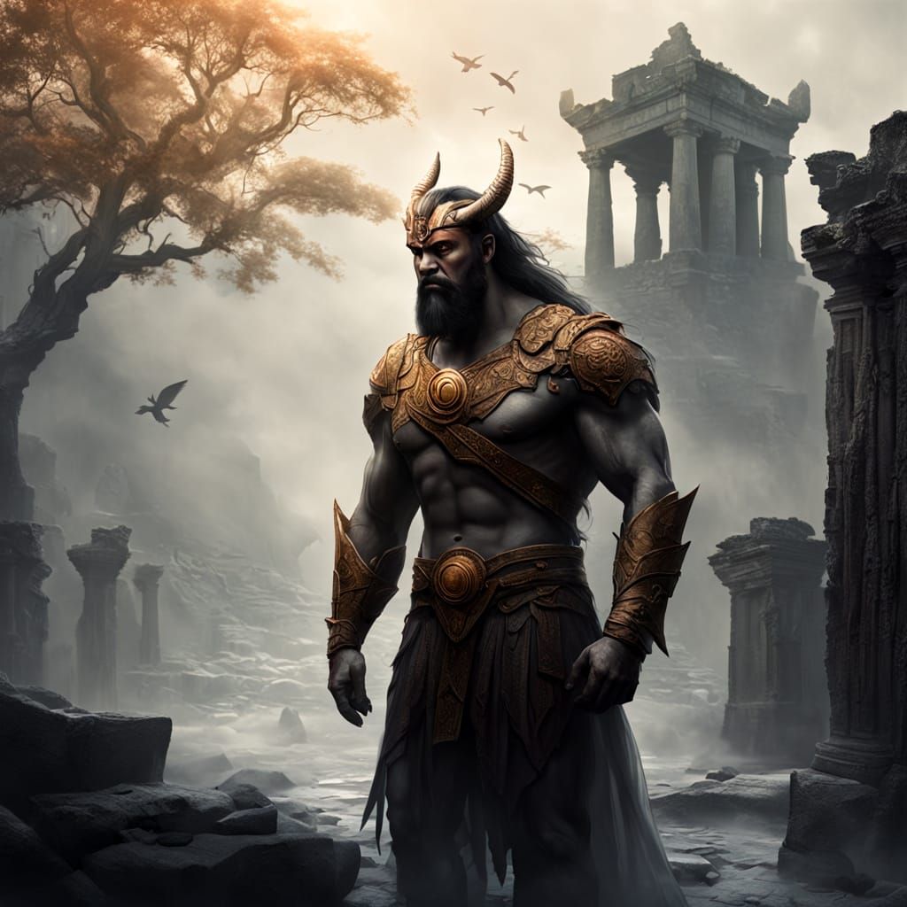 Majestic Cyclops Amidst Ancient Ruins in Warm Gold... - AI Art