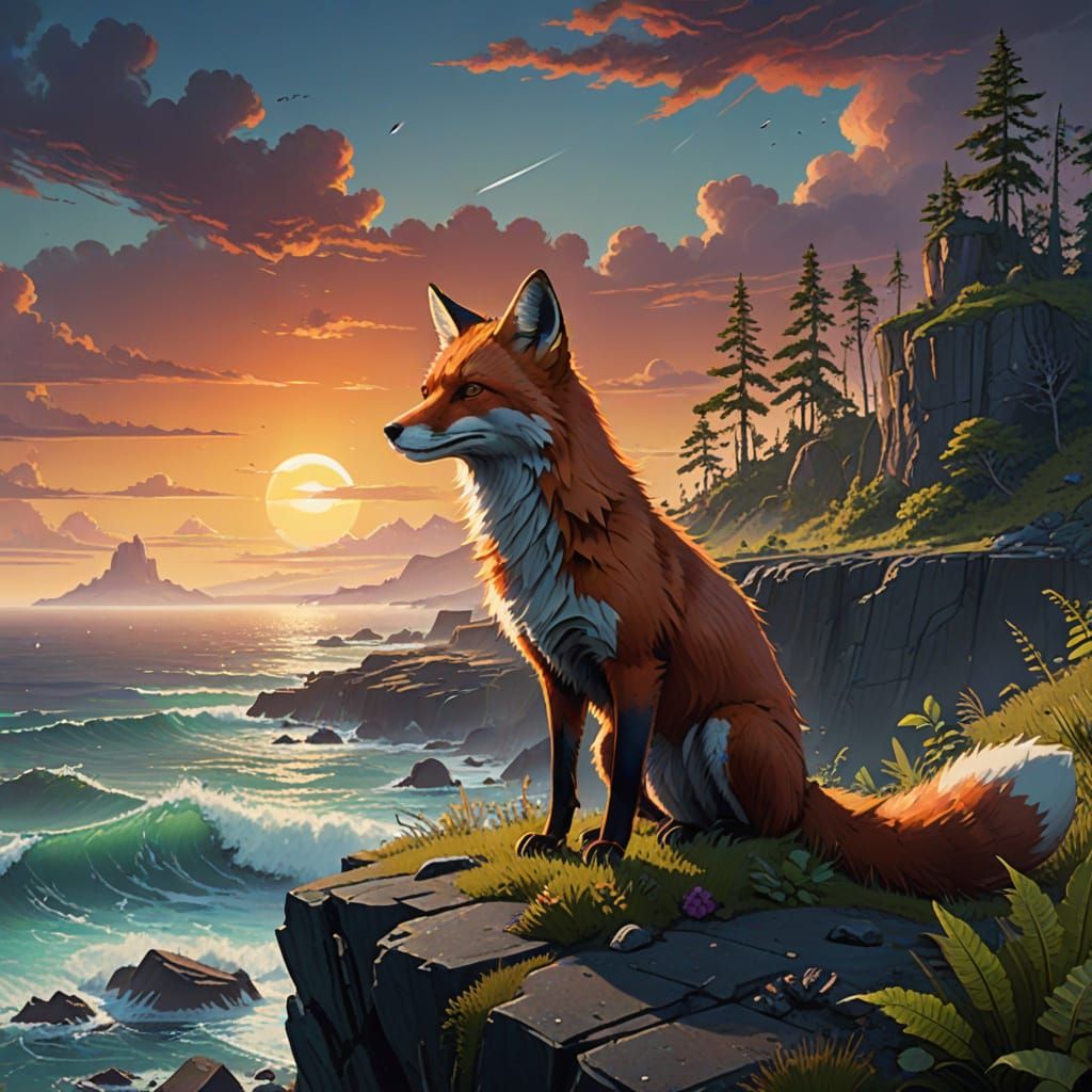 Majestic Fox Contemplates Ocean Horizon in a Fanta... - AI Art